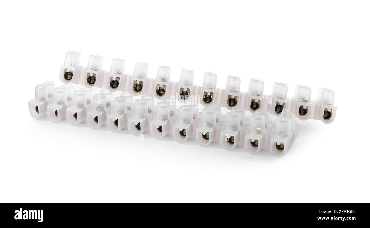 Plastic screw terminal blocks on white background. Electrician's ...