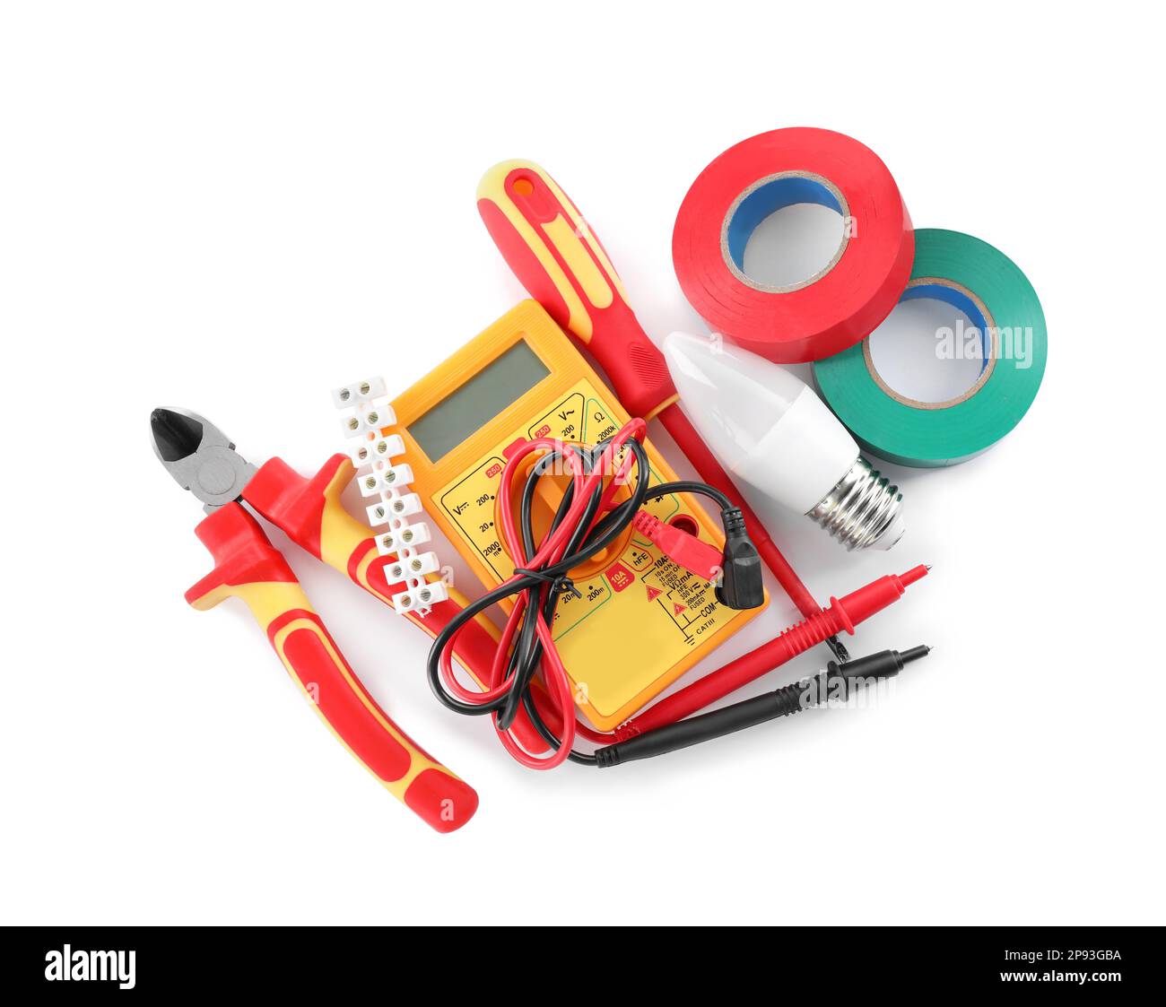 Set of electrician's tools and accessories on white background, top ...