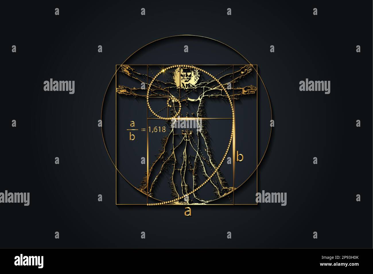 Golden Ratio Fibonacci Sequence Number And Vitruvian Man By Leonardo Da Vinci Luxury Gold