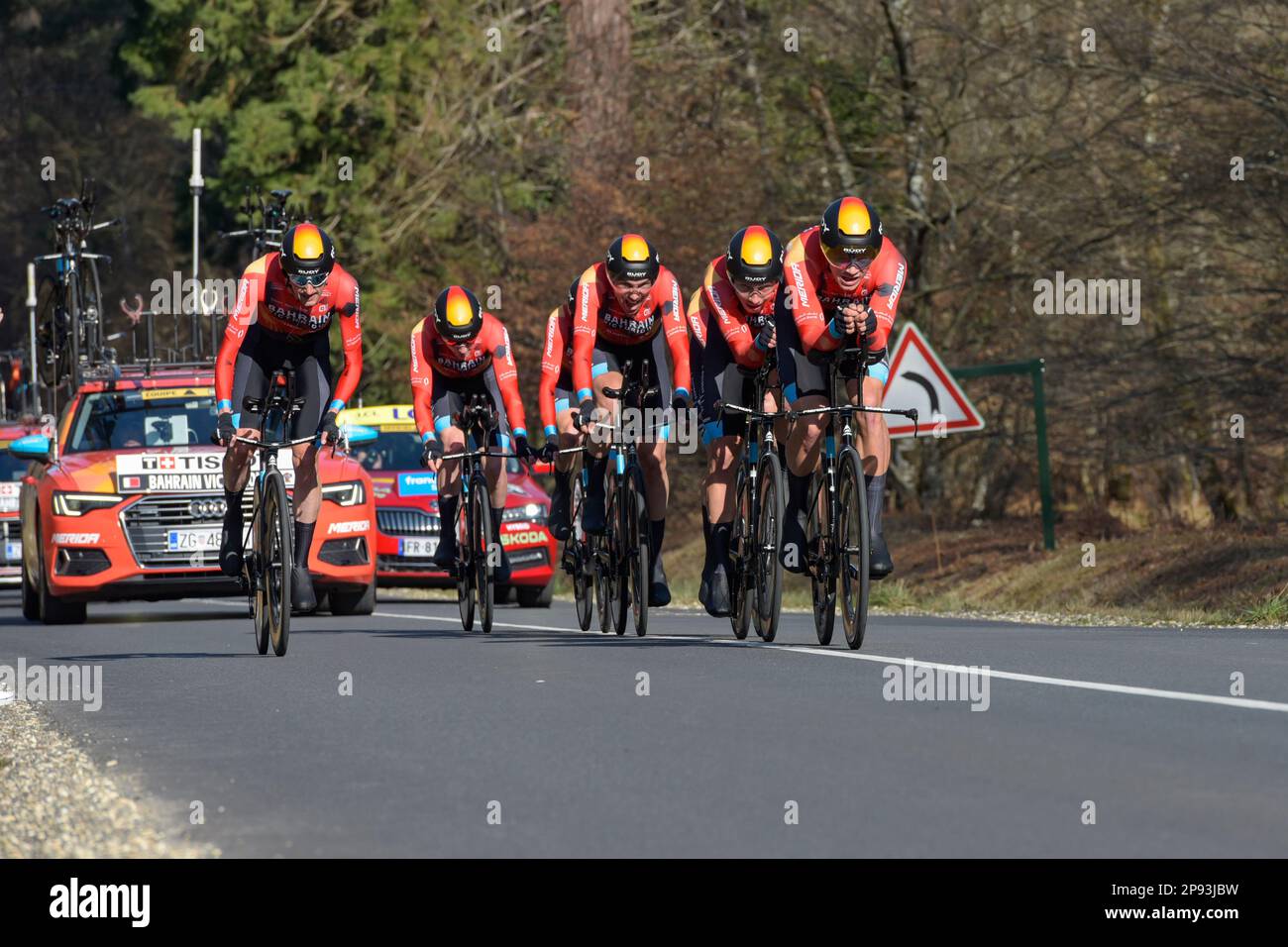 MARCH 2023: View on the cyclist team Bahrain Victorious during the team ...