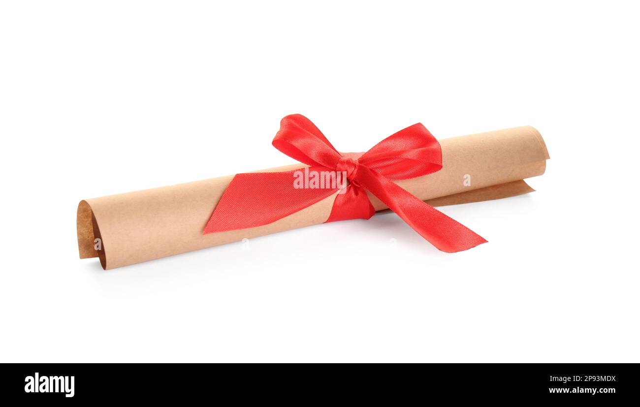 Rolled student's diploma with red ribbon isolated on white Stock Photo ...