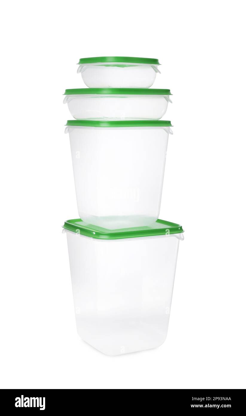 Set of empty plastic containers for food on white background Stock ...