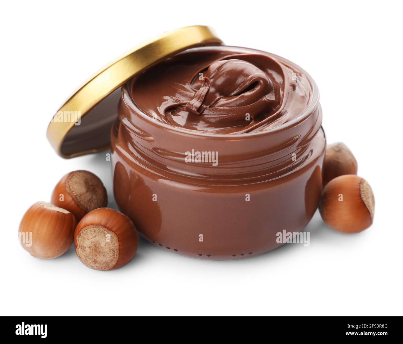 Glass jar of chocolate paste with hazelnuts on white background Stock ...