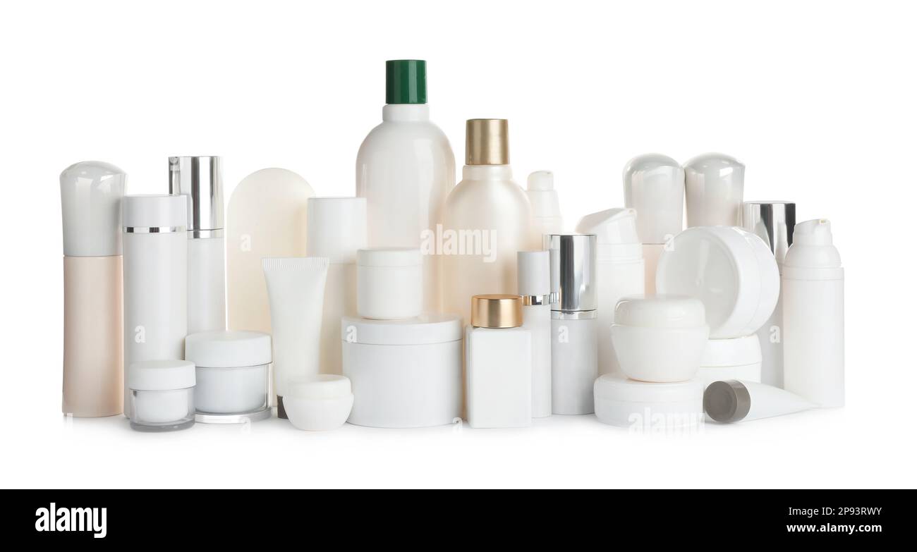 Many different cosmetic products on white background Stock Photo - Alamy
