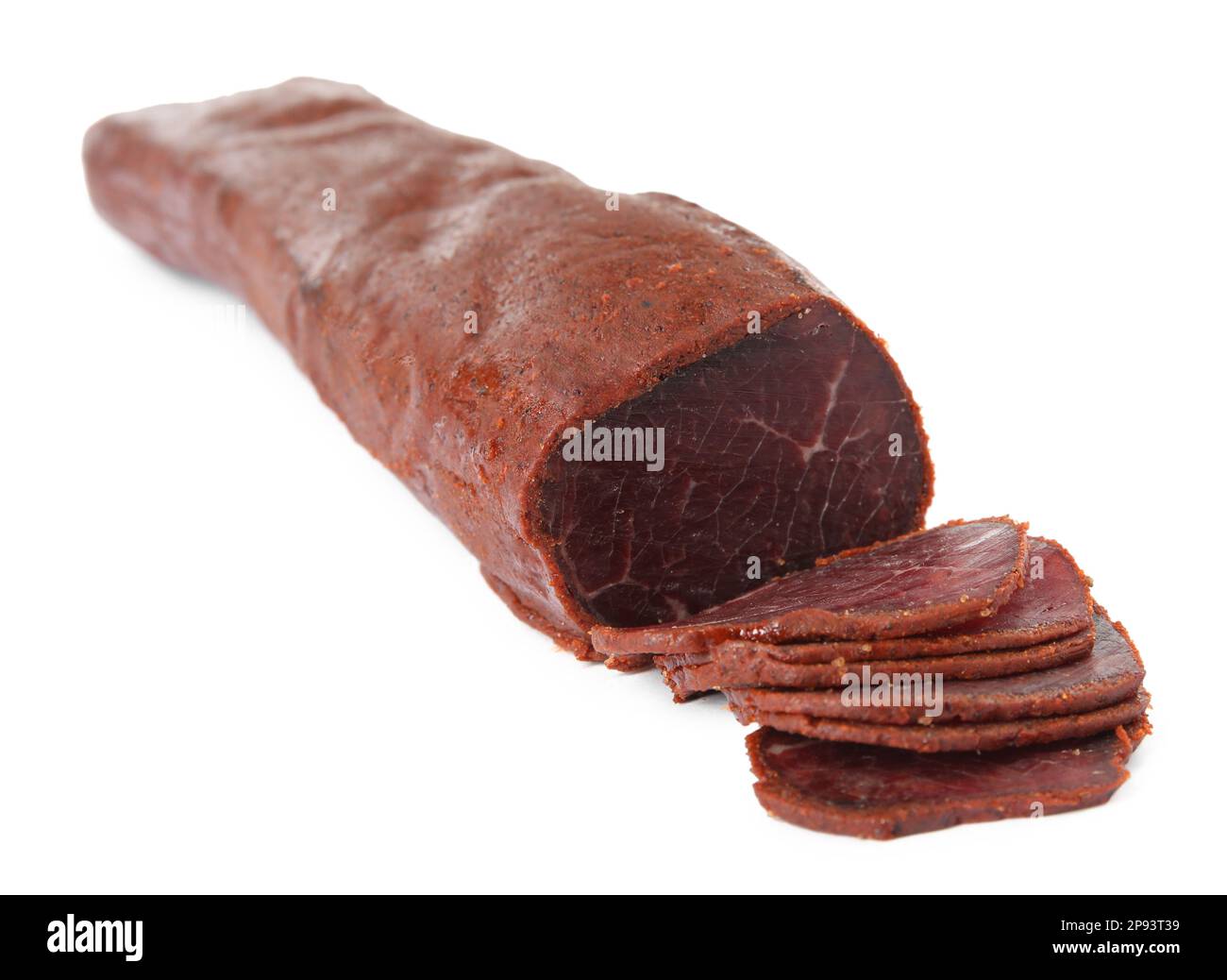Delicious sliced dry-cured beef basturma on white background Stock ...