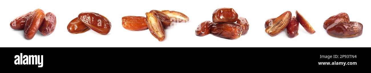 Set with tasty dried dates on white background. Banner design Stock ...