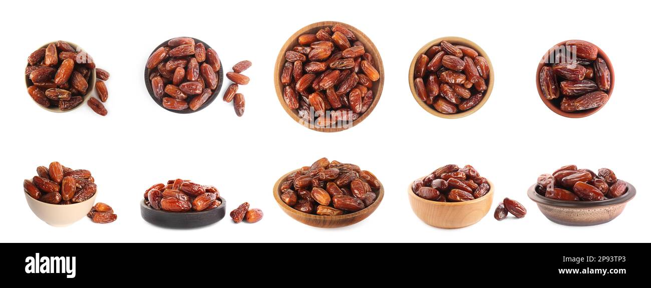 Set with tasty dried dates on white background. Banner design Stock ...
