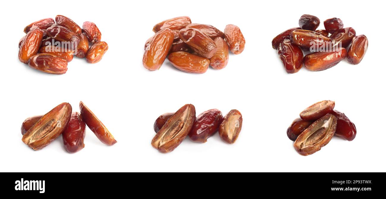 Set with tasty dried dates on white background. Banner design Stock ...