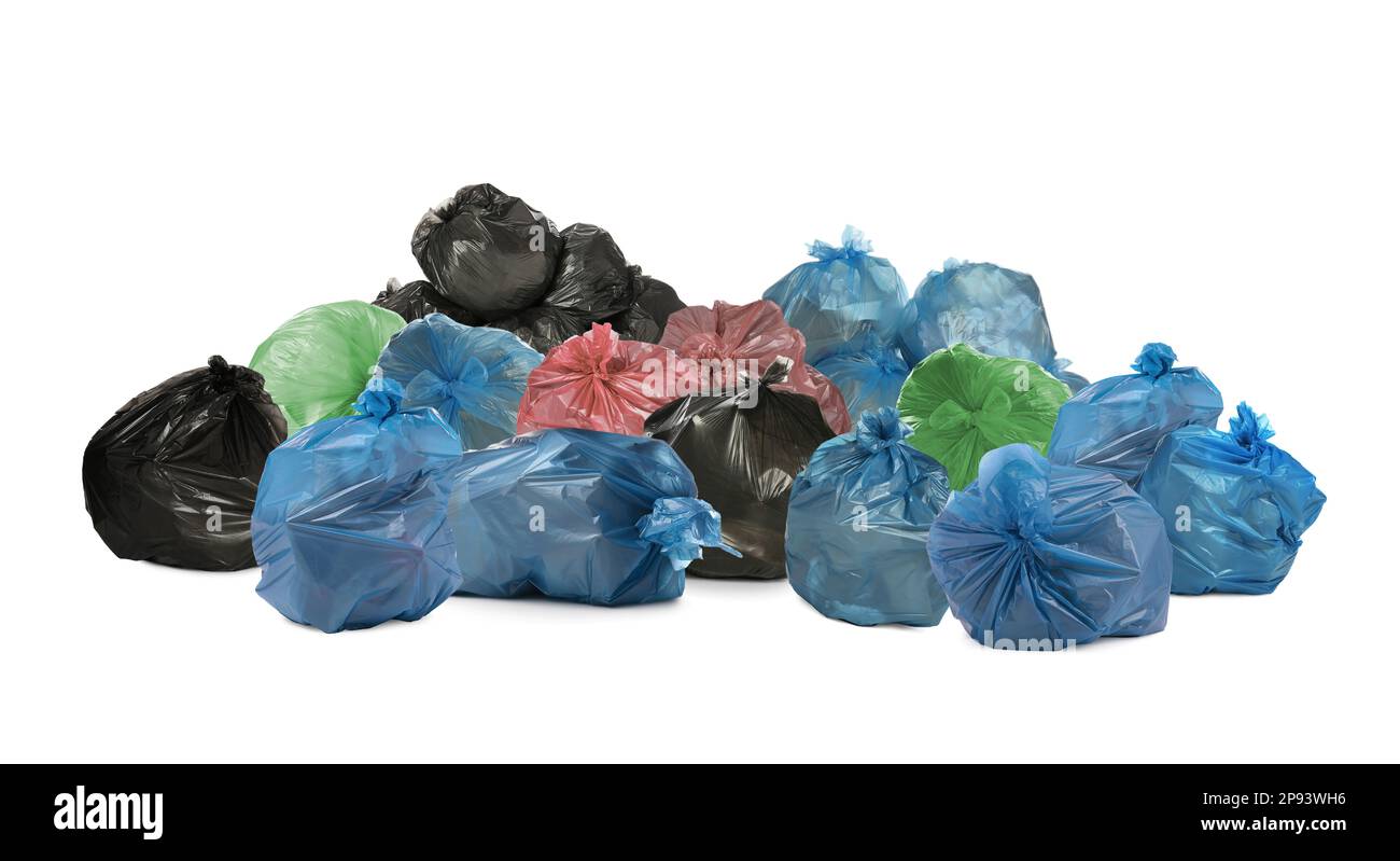 Big heap of trash bags with garbage on white background Stock Photo - Alamy