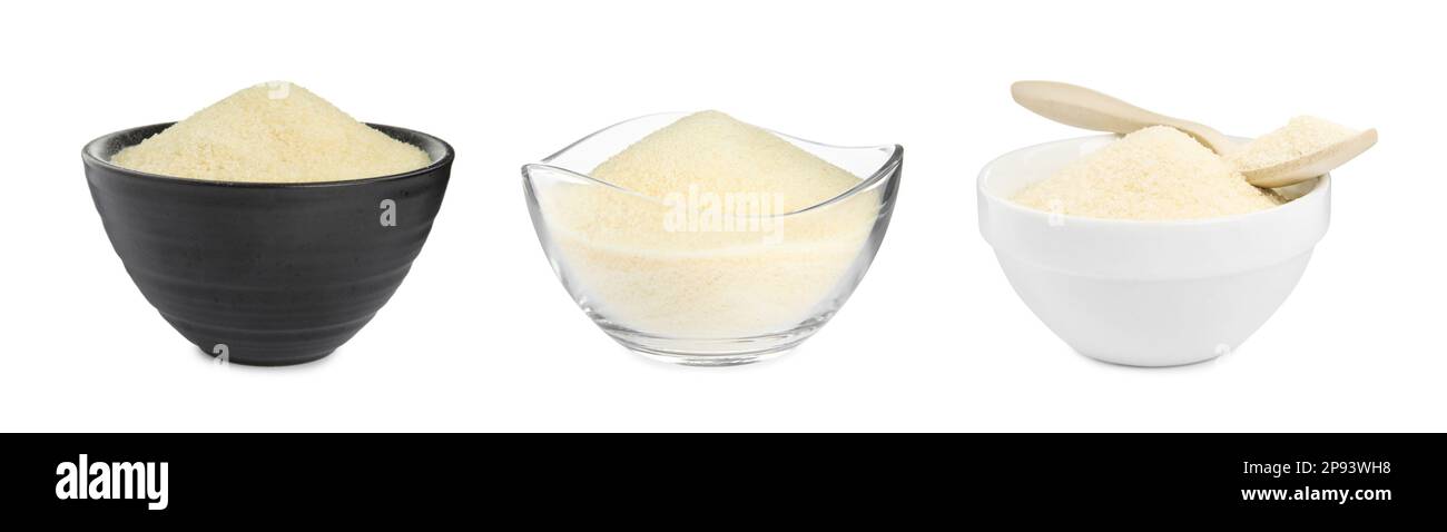 Gelatin powder in bowls on white background, collage. Banner design ...