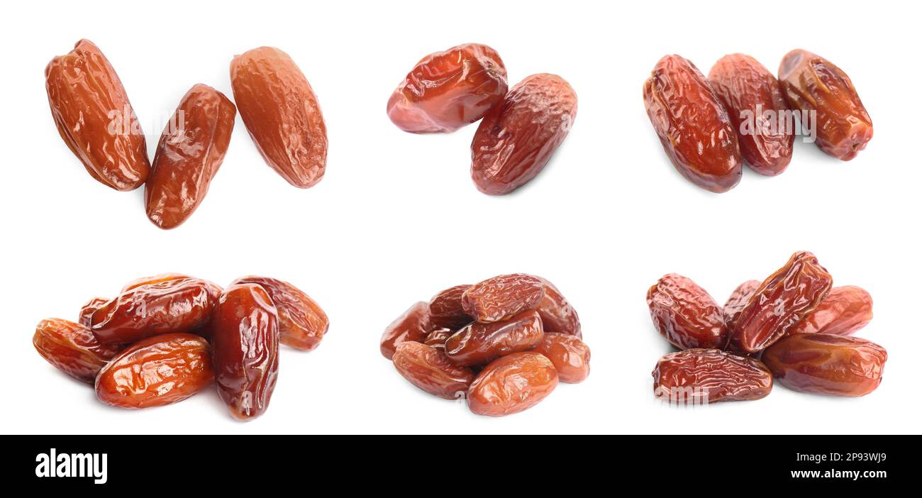 Set with tasty dried dates on white background. Banner design Stock ...