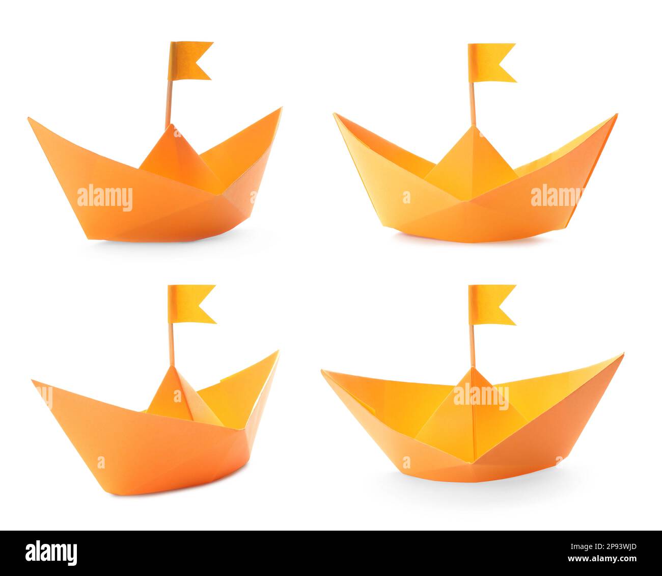 Orange paper boats with flags on white background, collage Stock Photo ...