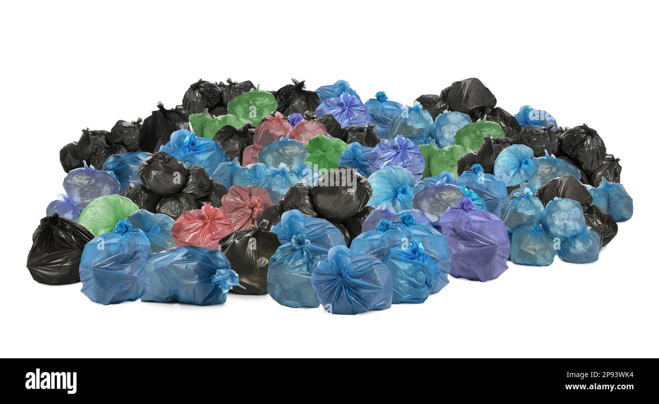 Big heap of trash bags with garbage on white background Stock Photo - Alamy