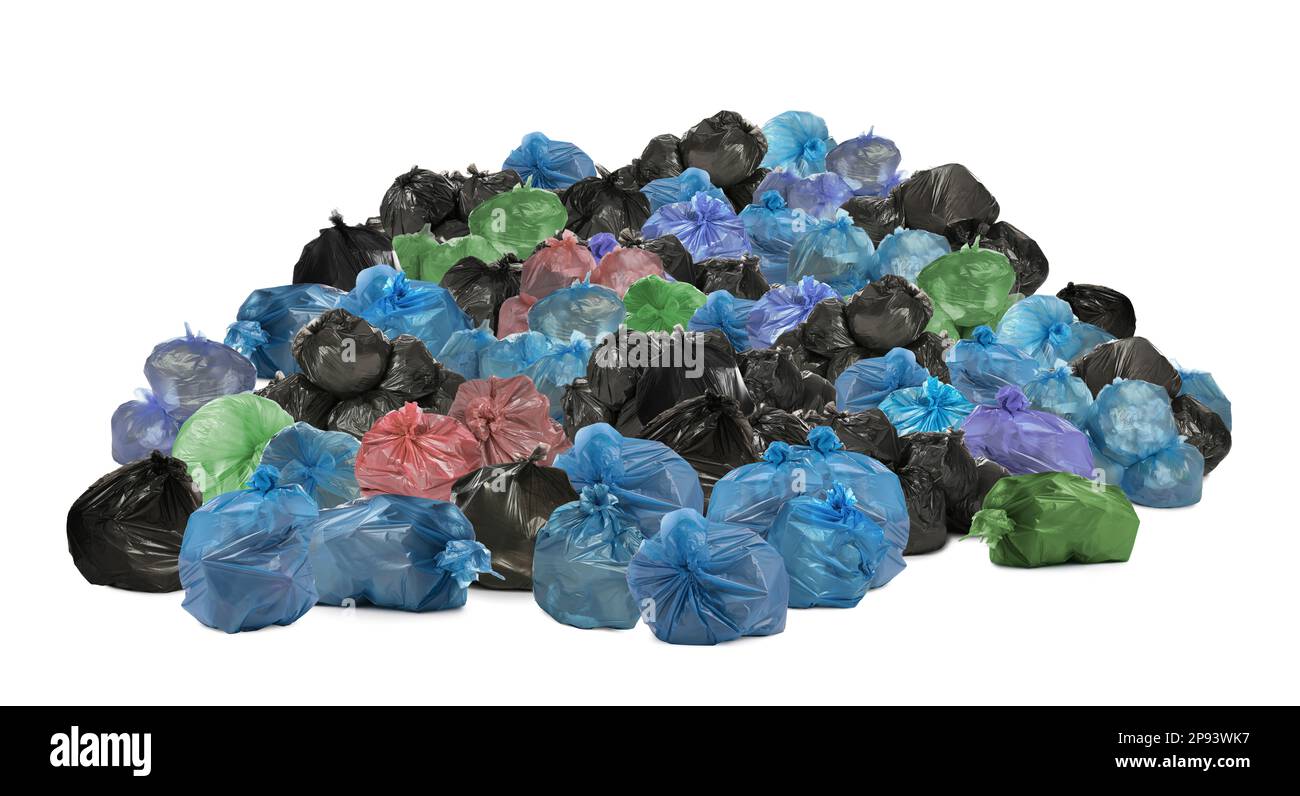 Big heap of trash bags with garbage on white background Stock Photo - Alamy
