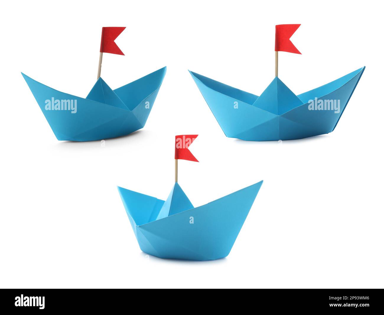 Light blue paper boats with red flags on white background, collage ...