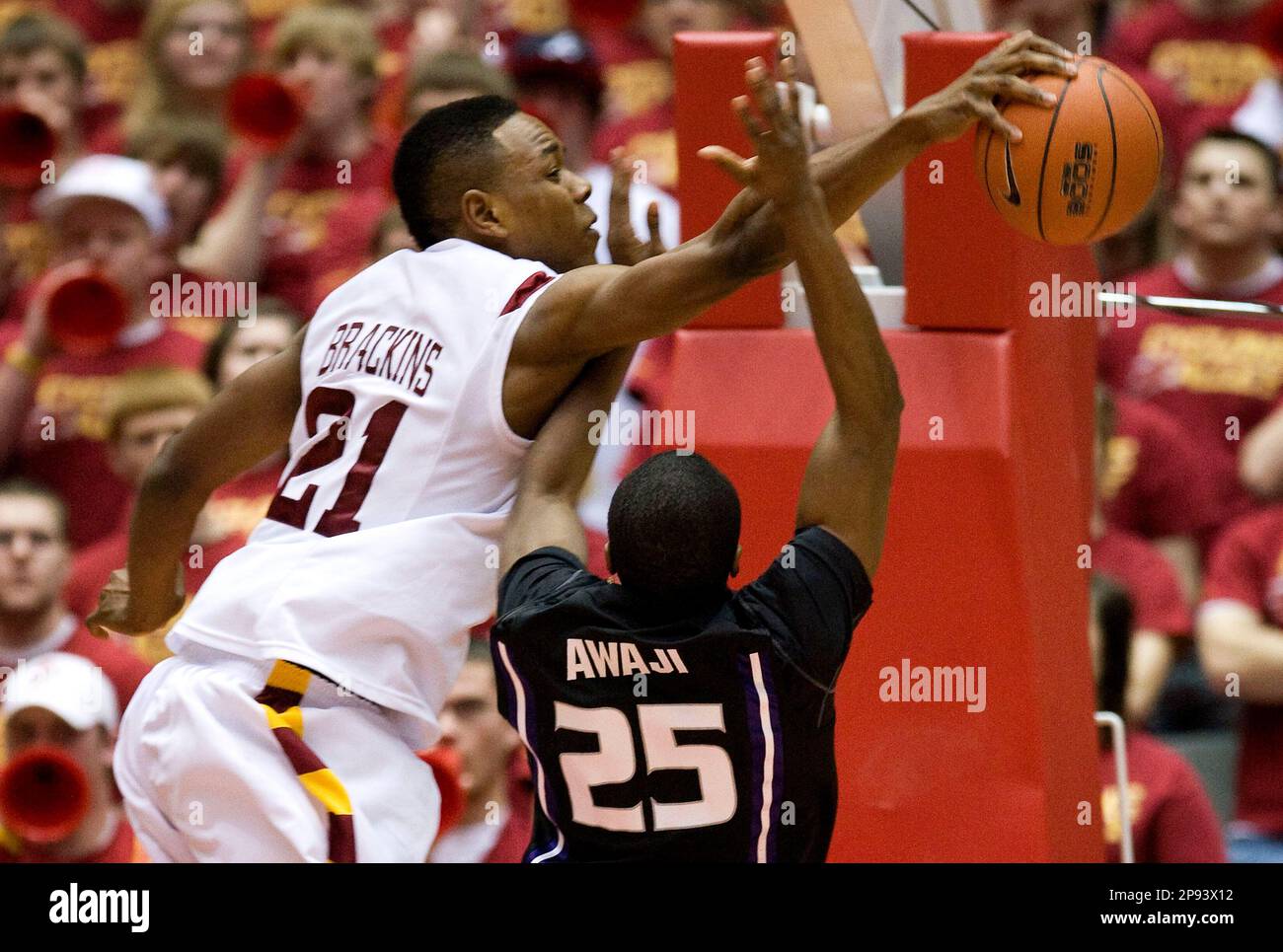 Iowa State's Craig Brackins, left, blocks a shot by Kansas State's ...
