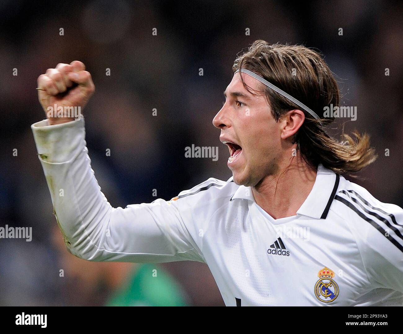 Real Madrid's Sergio Ramos from Spain reacts after scoring a goal ...