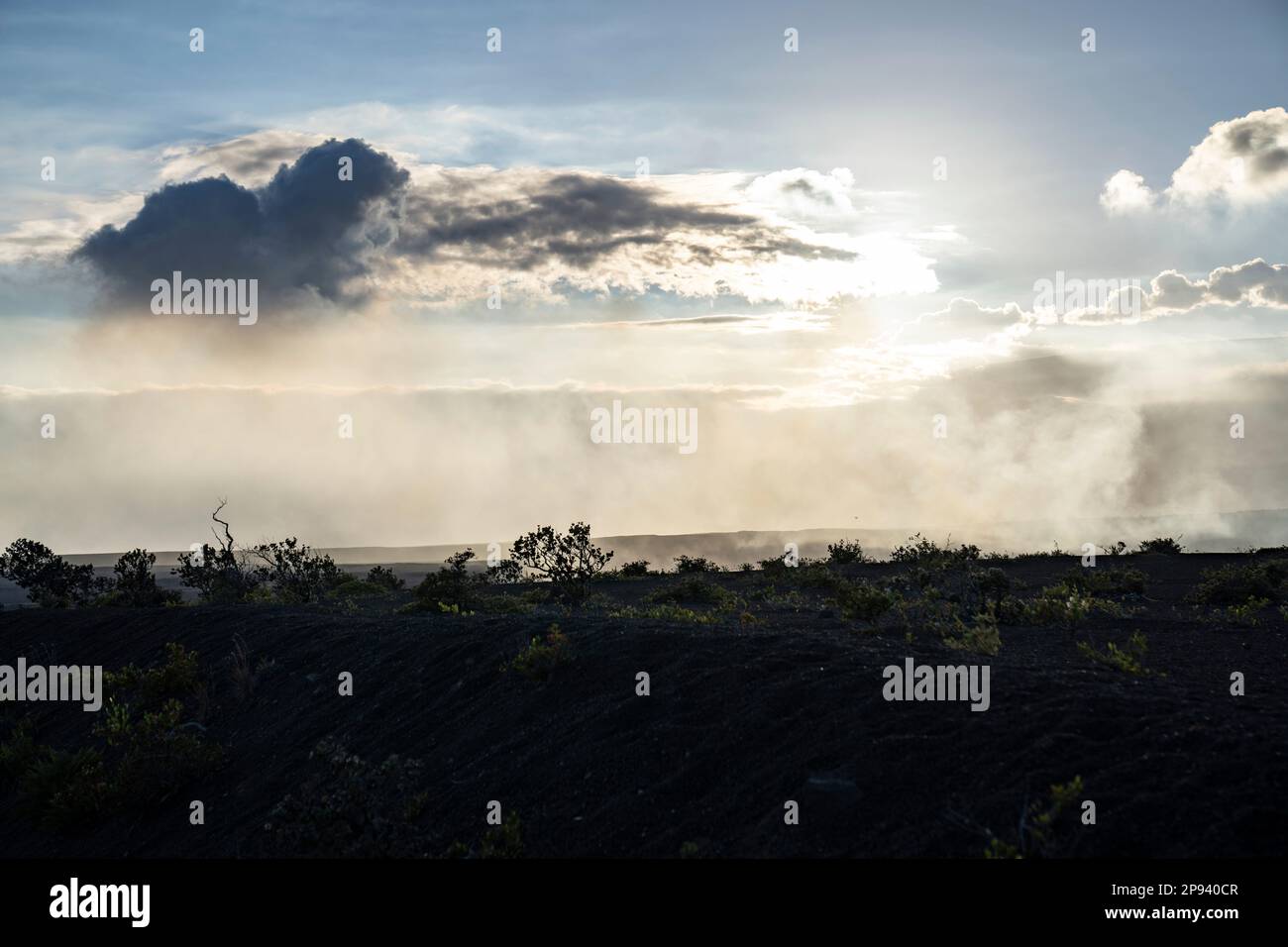 Smoke over Kilauea caldera at sunset, Hawai'i Volcanoes National Park ...