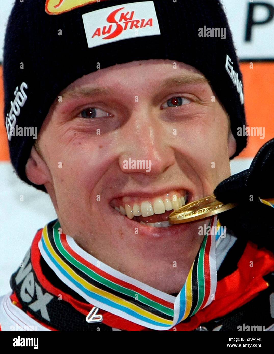 Gold medalist Dominik Landertinger of Austria poses for photographers ...
