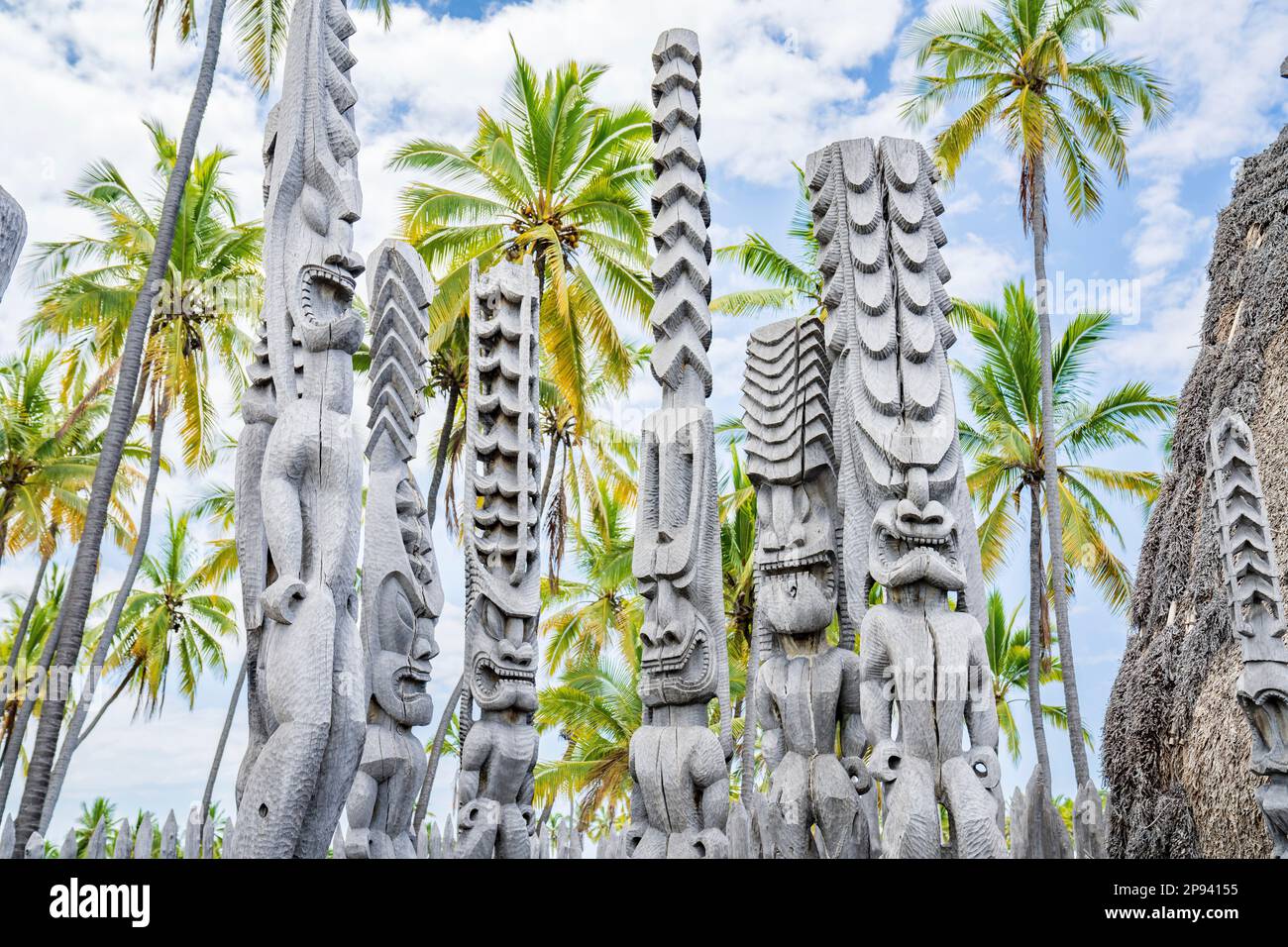 Wooden statues at temple complex in Pu'uhonua O Honaunau National ...