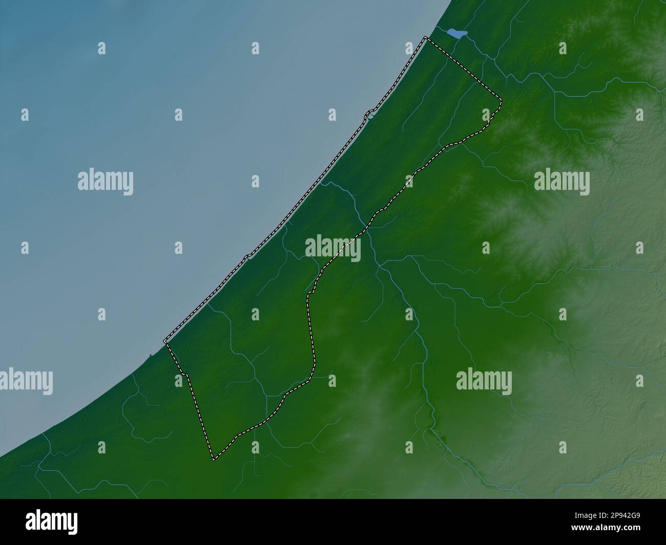 Gaza Strip, region of Palestine. Colored elevation map with lakes and ...