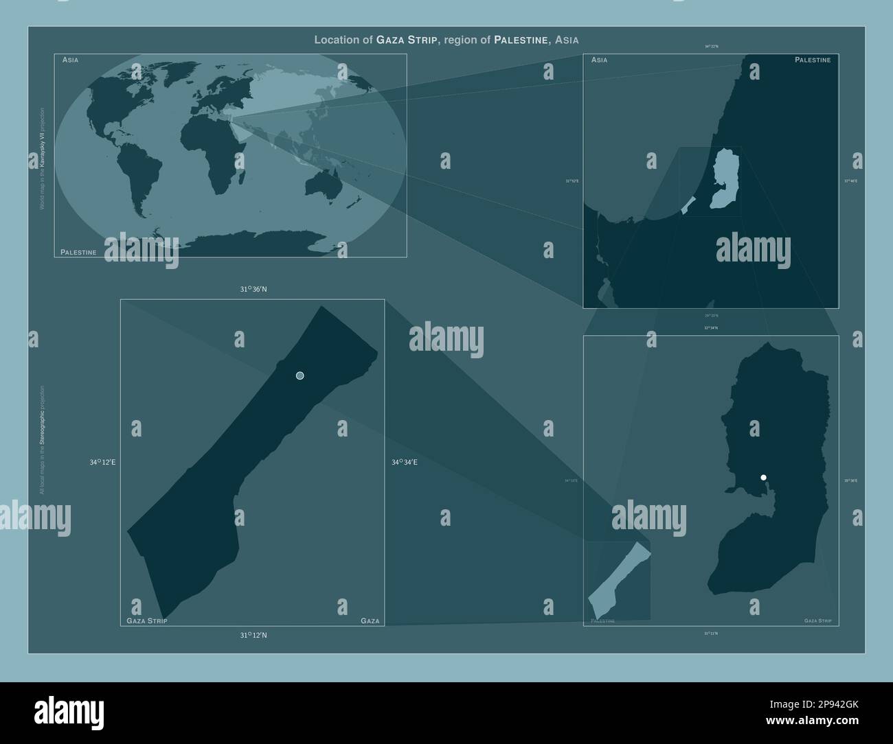 Gaza Strip, region of Palestine. Diagram showing the location of the ...