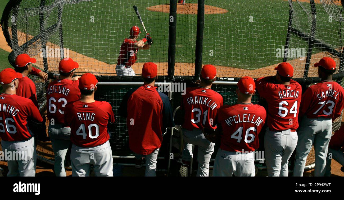 St. Louis Cardinals' Ryan Ludwick takes batting practice as members of ...