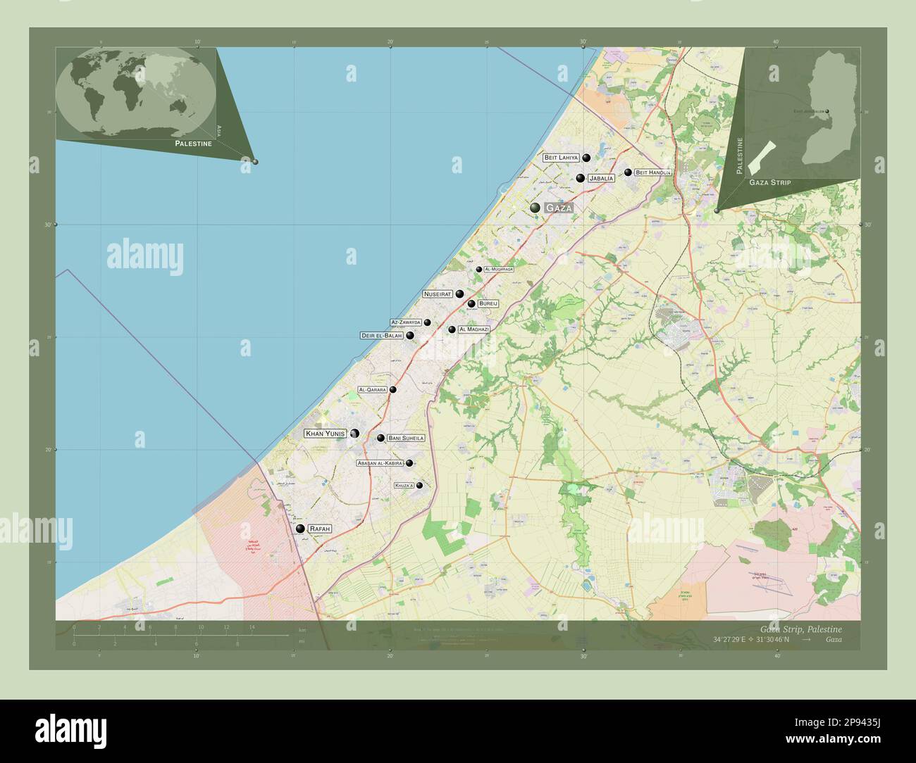 Gaza Strip, region of Palestine. Open Street Map. Locations and names ...