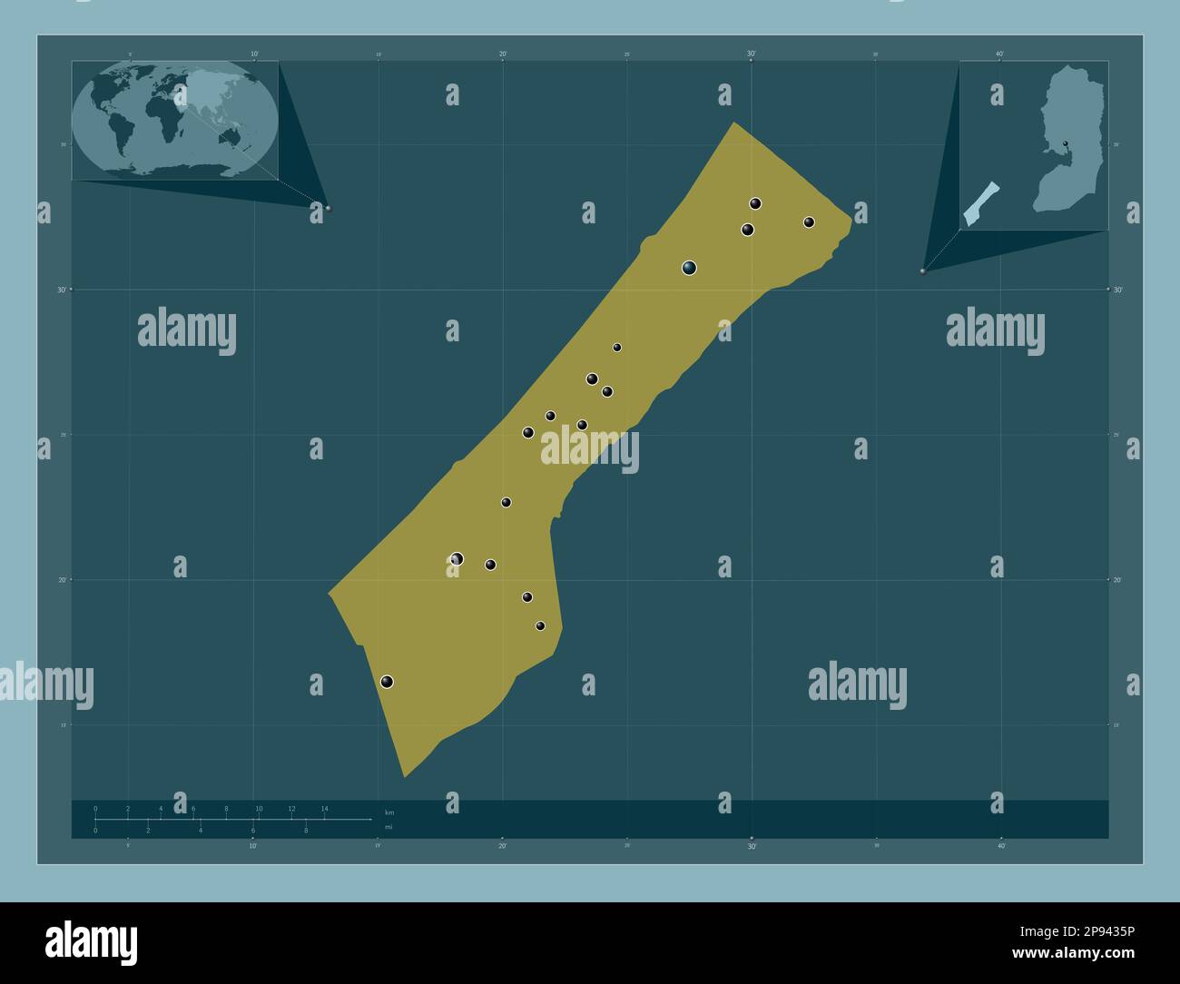 Gaza Strip, region of Palestine. Solid color shape. Locations of major ...