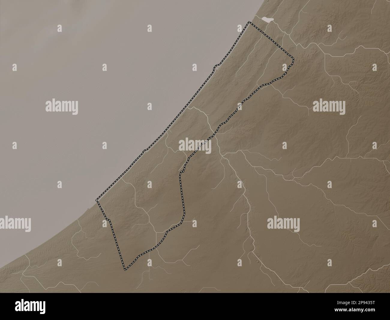 Gaza Strip, region of Palestine. Elevation map colored in sepia tones ...