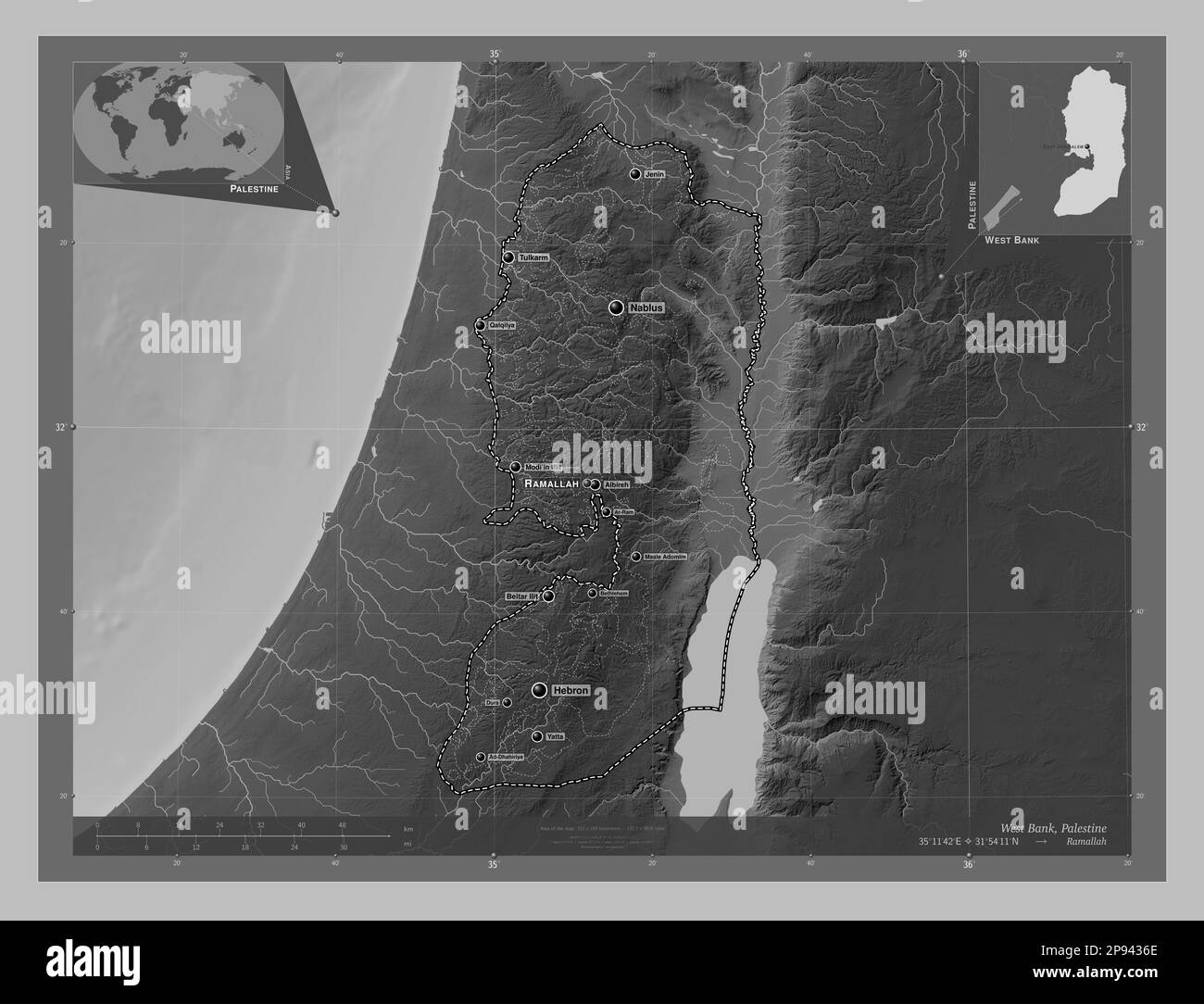 West Bank, region of Palestine. Grayscale elevation map with lakes and ...
