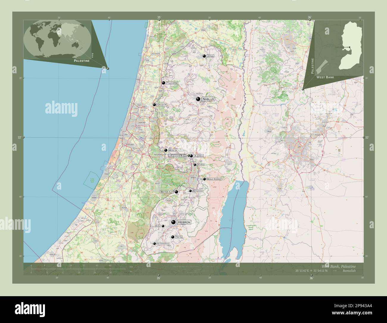 West Bank, region of Palestine. Open Street Map. Locations and names of ...