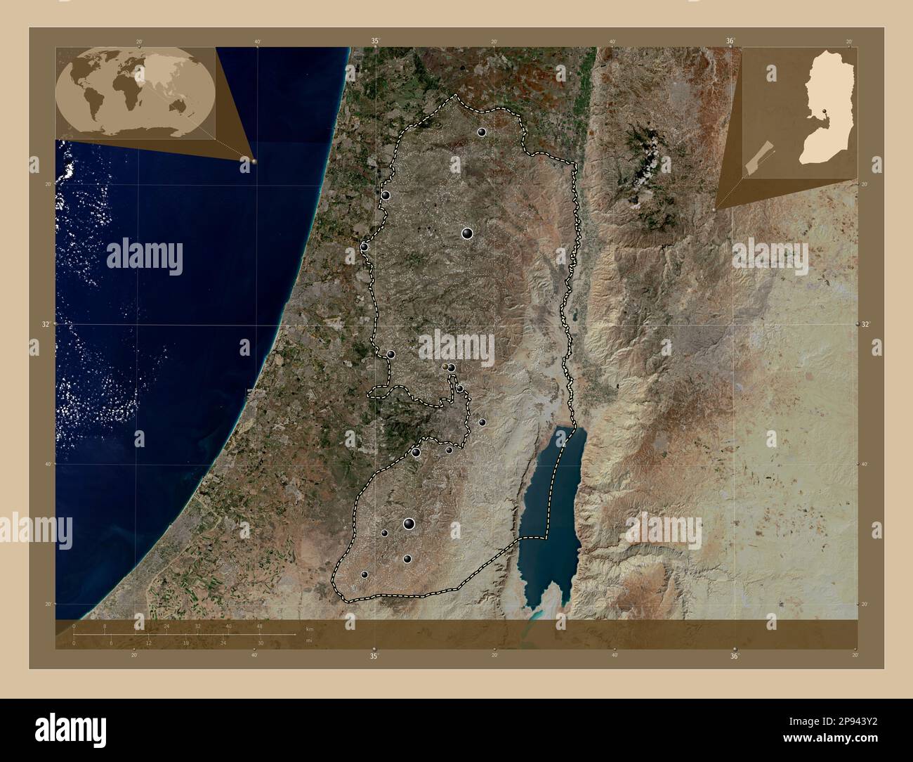 West Bank, region of Palestine. Low resolution satellite map. Locations ...