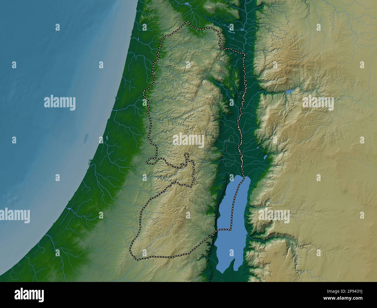 West Bank, region of Palestine. Colored elevation map with lakes and ...