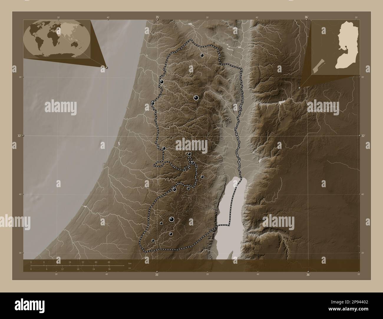 West Bank, region of Palestine. Elevation map colored in sepia tones ...