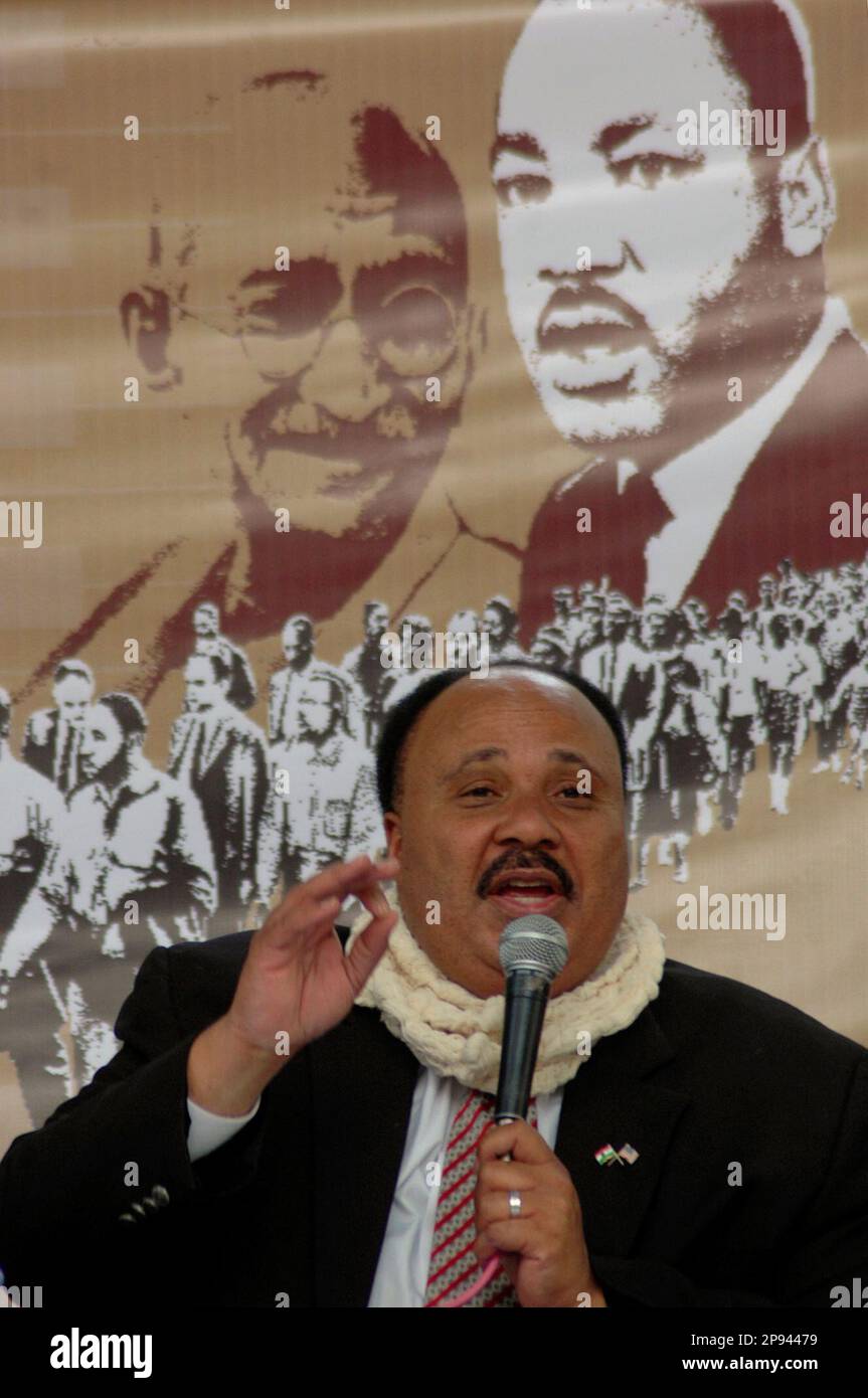 Martin Luther King III speaks during his visit to Gandhi Ashram in ...