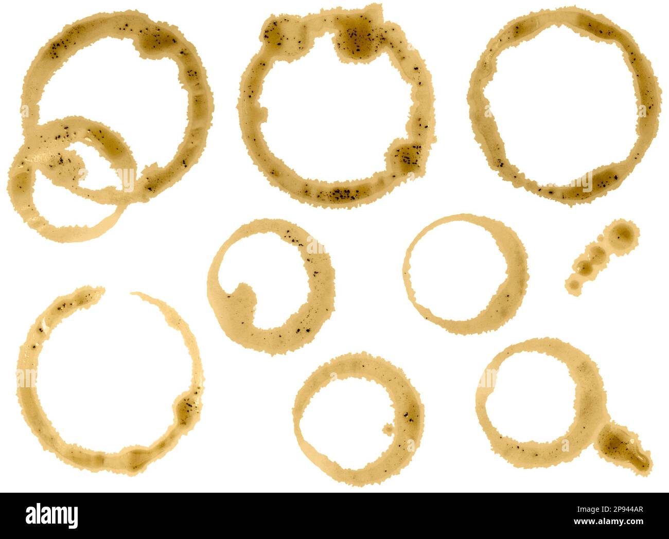Coffee cup circle stains and droplets isolated on white background ...