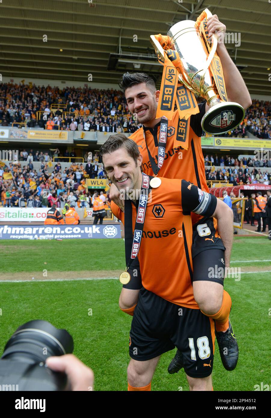 Sam Ricketts and Danny Batth of Wolves. Sky Bet League One champions ...