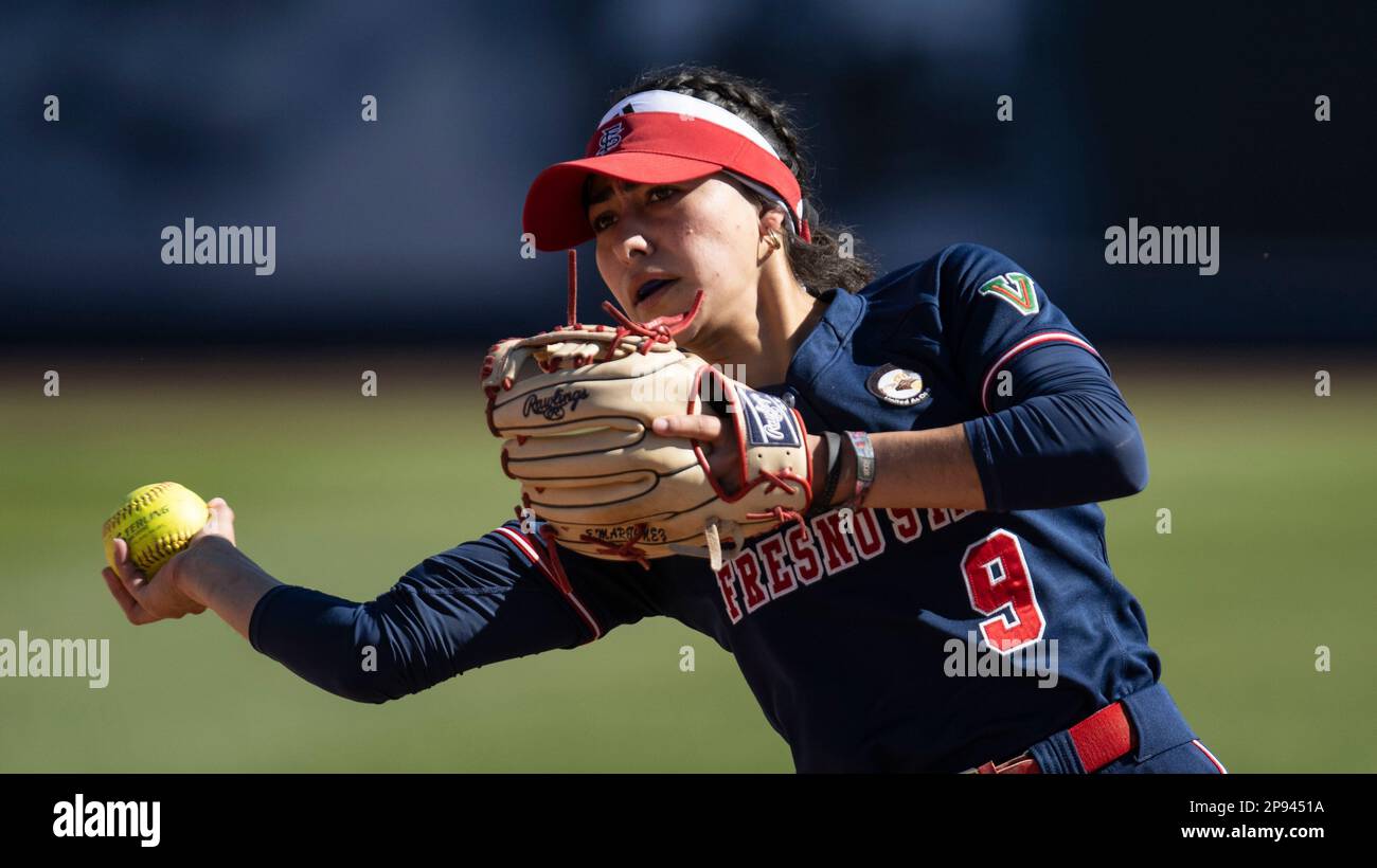 Fresno State second baseman Emma Martinez (9) throws during an NCAA ...