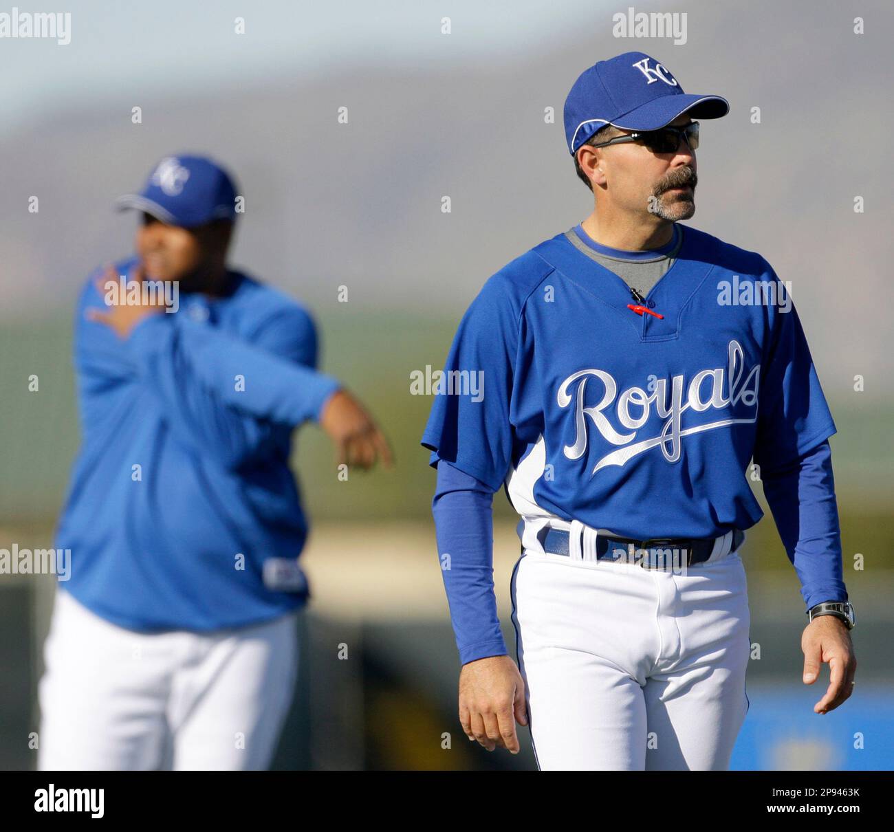 Kansas City Royals manager Trey Hillman looks over his team during ...