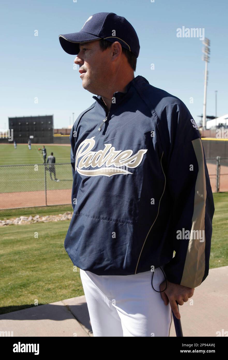 Former San Diego Padres pitcher Greg Maddux watches workouts at ...