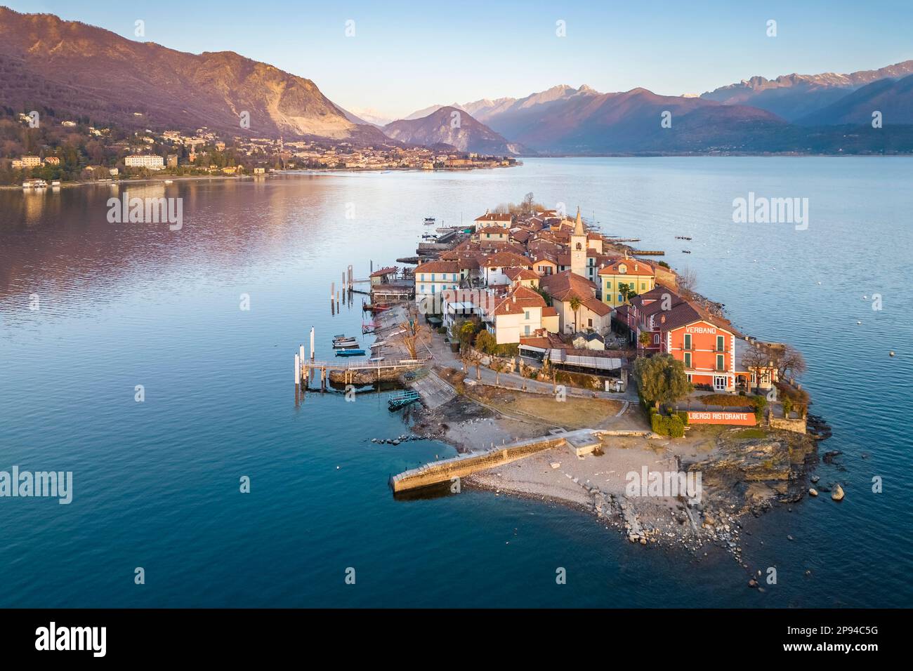 Aerial view of Isola dei Pescatori during a winter sunrise. Lago ...