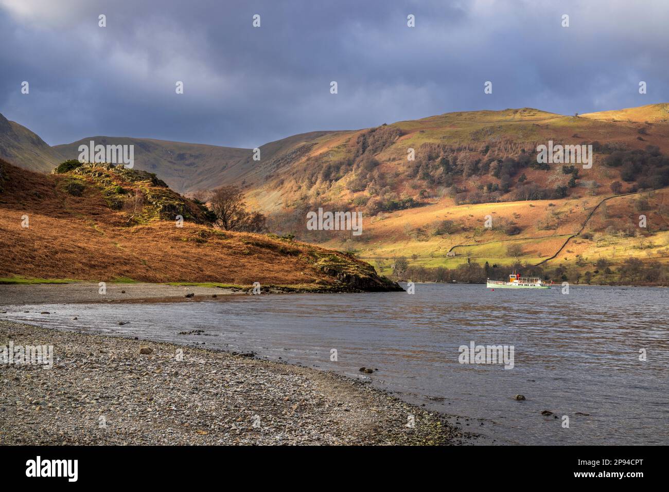 Silver Point on Ullswater with a passing ferry, Lake District, Cumbria ...