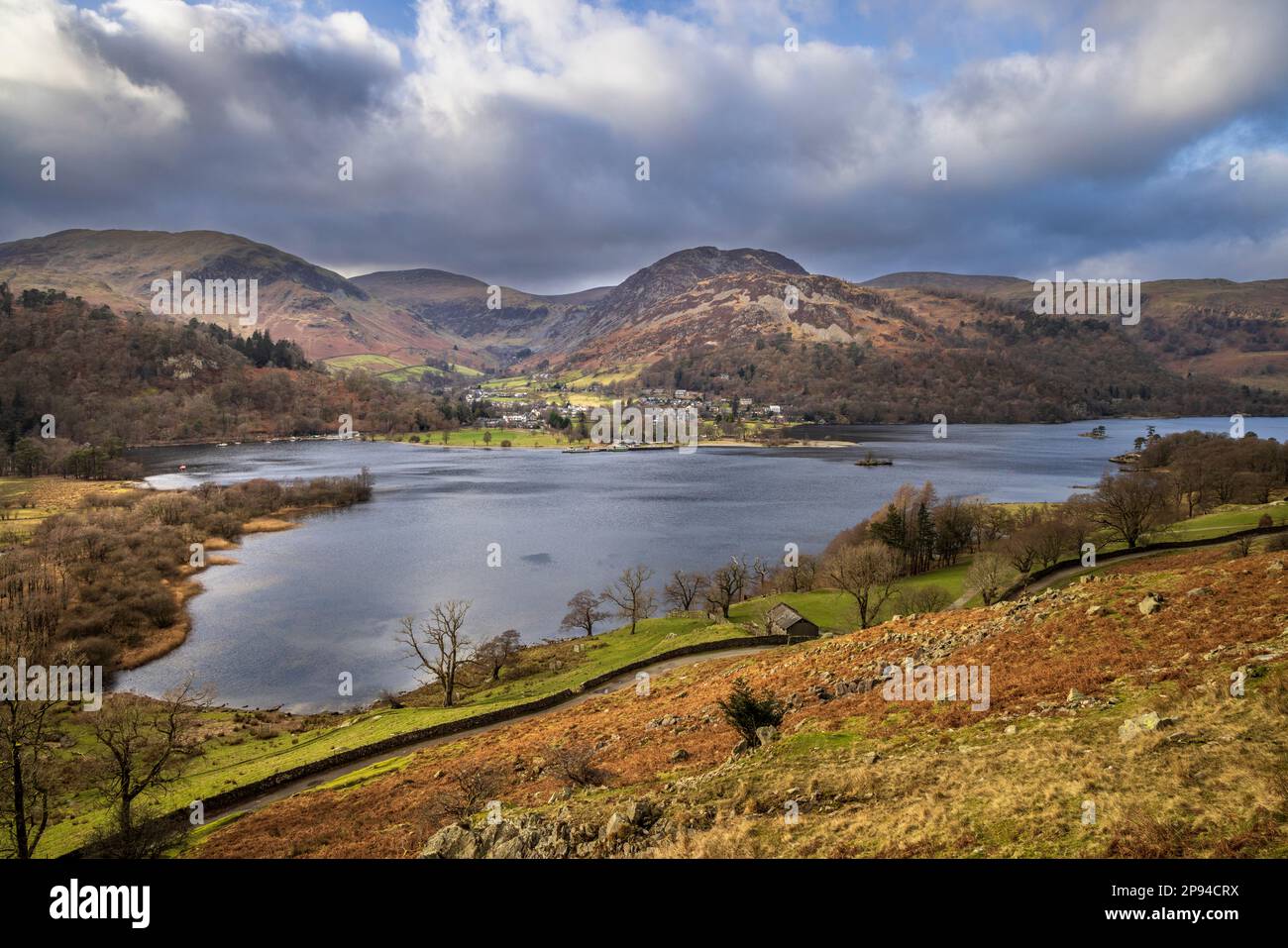 The southern shore of Ullswater with Glenriding across the lake in the ...