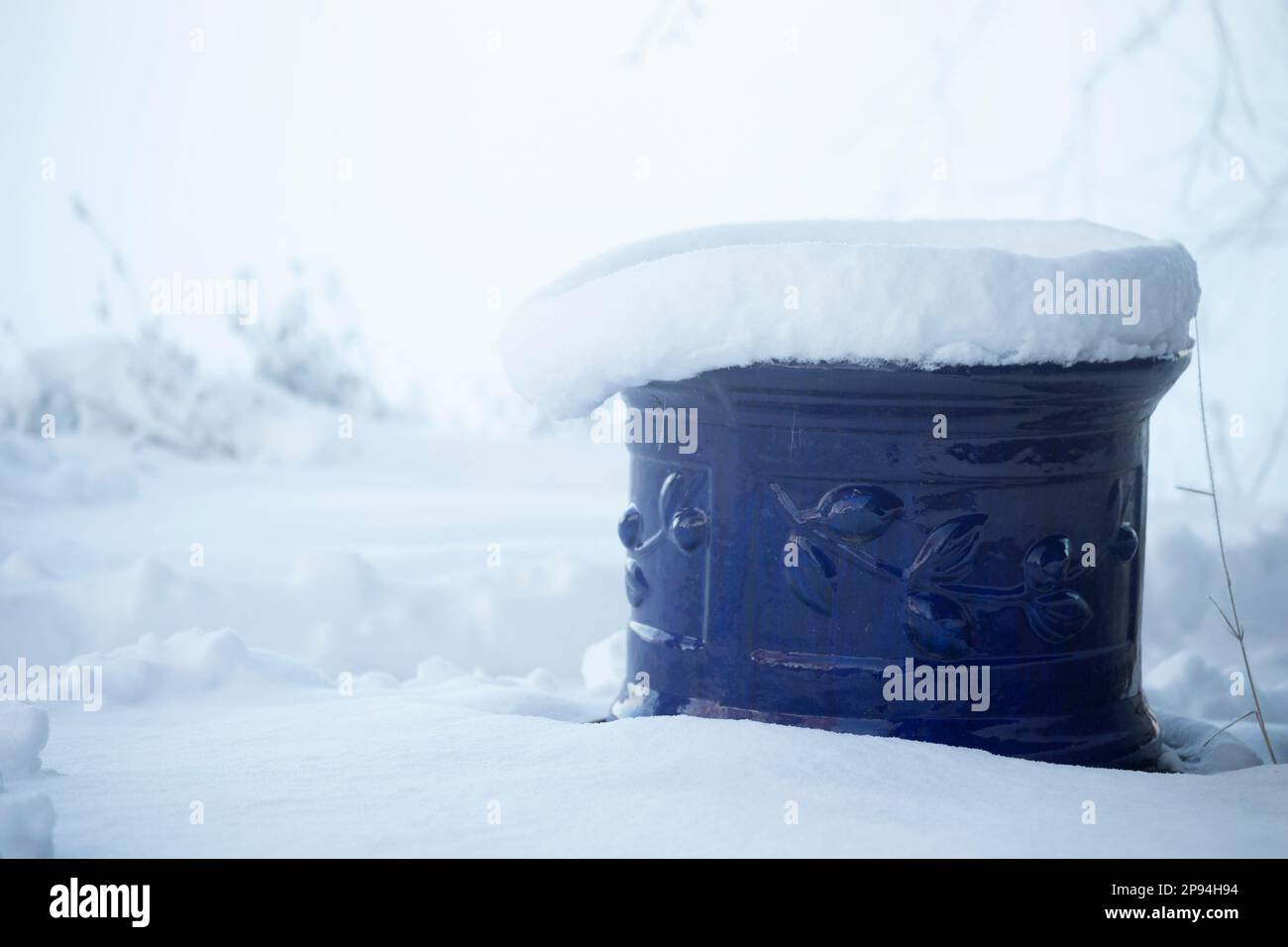 Winter scene, large blue flower pot, lots of white snow, winter, garden ...