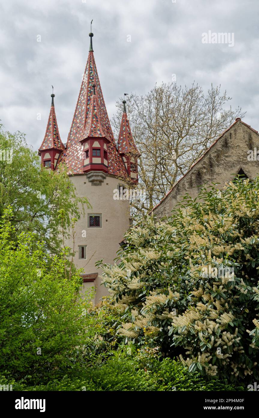 A view of a medieval castle with colorful roof tiles nestled atop a ...