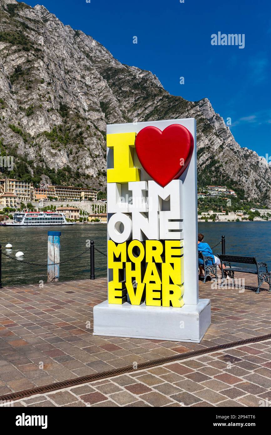 Italy, Lake Garda, Limone, sign "I love Limone more than ever Stock ...