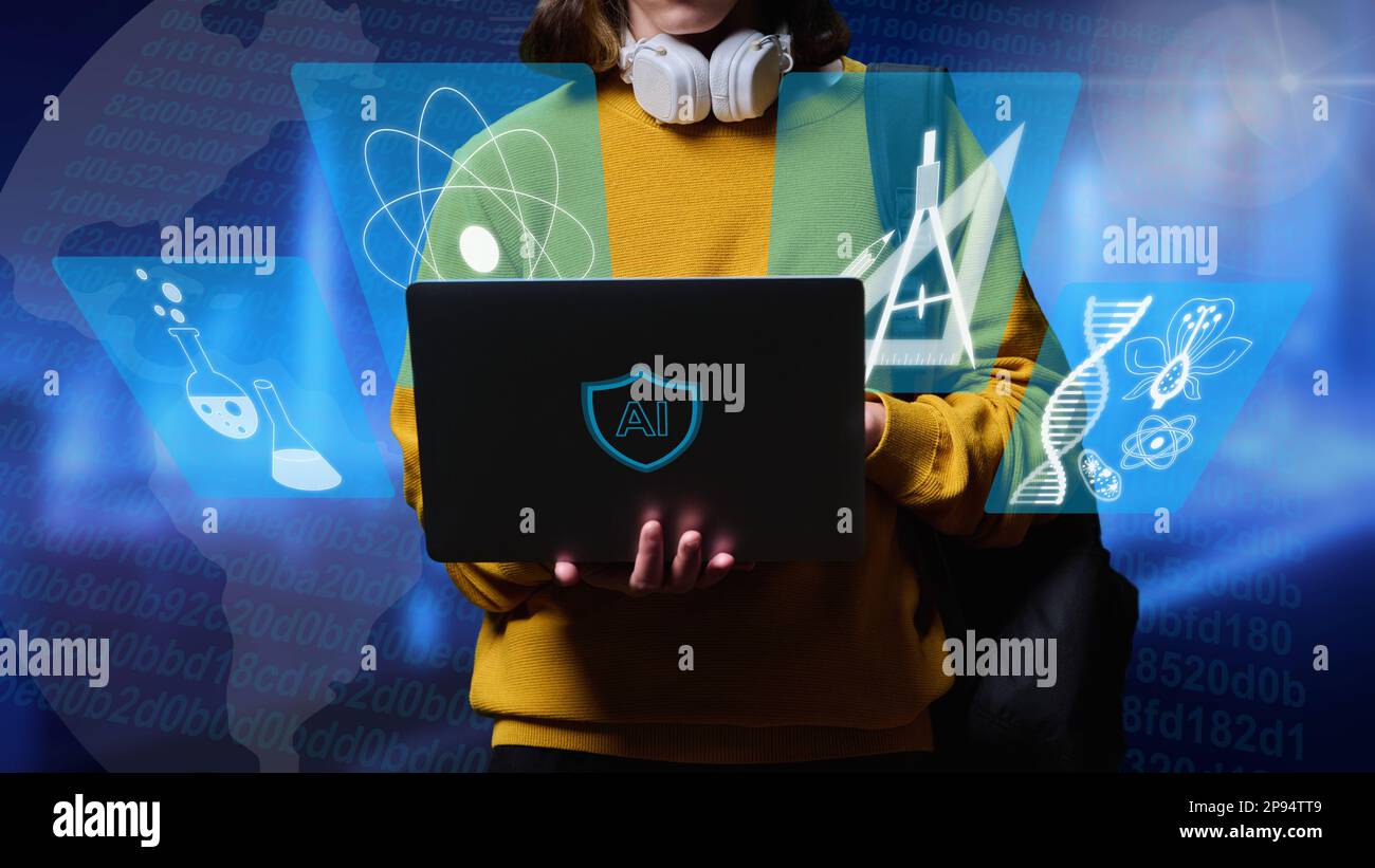 Guy student using laptop, artificial intelligence for education Stock ...