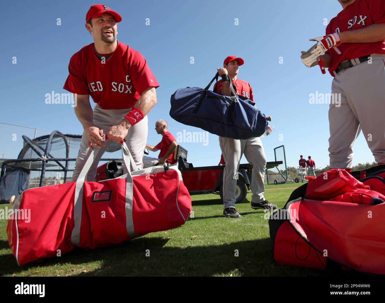 Boston Red Sox catchers Jason Varitek, left, Dusty Brown, center, and ...