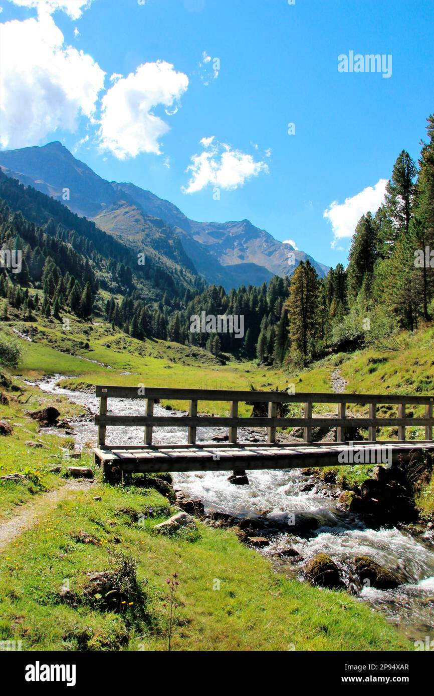 Bridge over the Fotscher Bach on the way to the Potsdamer Hütte in the ...